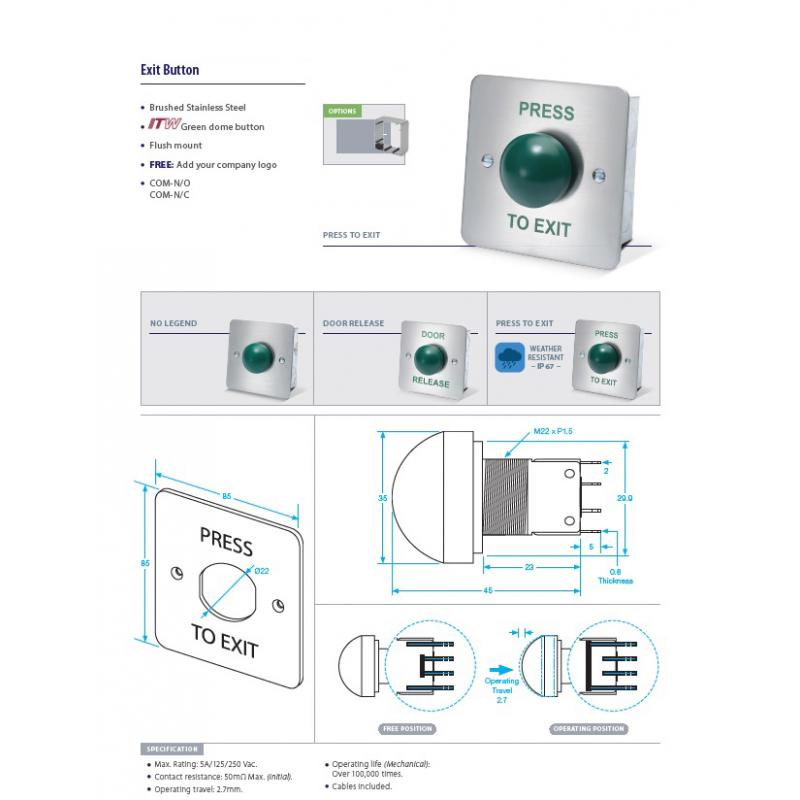 Exit Button - Green Dome Stainless Door Release Flush Mount - Rushton ...